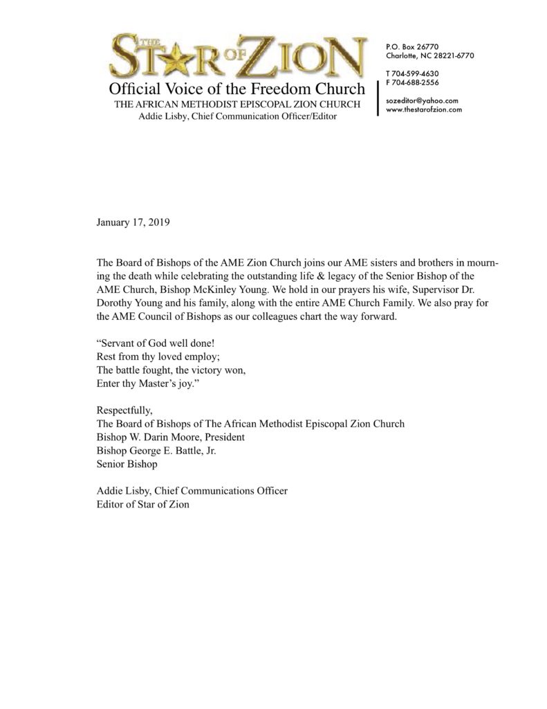 Condolenses for Bishop McKinley Young - AME Church Condolenses for Bishop McKinley Young - AME Church